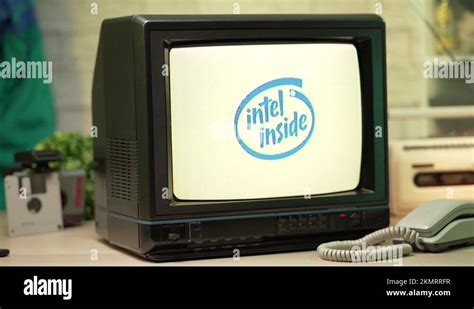 Intel Inside Logo On A Vintage Old Screen 80s 90s Style Stock Video
