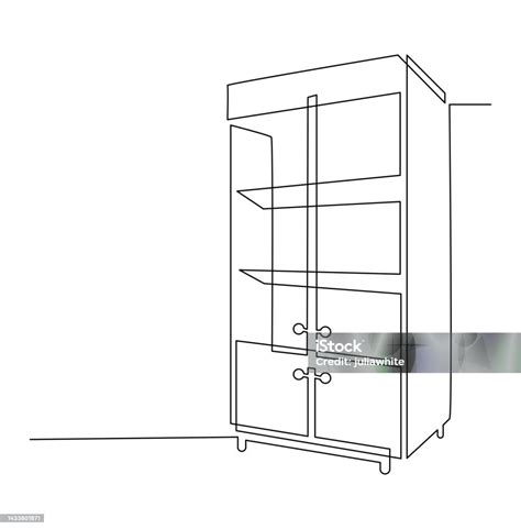 가정 용품을 보관하기위한 유리 캐비닛 쇼케이스 연속 선 그리기 벡터 일러스트 레이 션 한붓그리기에 대한 스톡 벡터 아트 및 기타