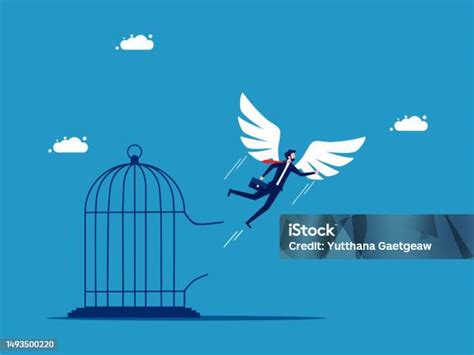 Liberté Homme Daffaires Avec Des Ailes Volant Hors De La Cage Vecteurs