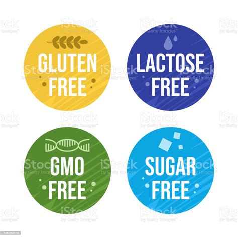 알레르겐 프리 라벨 세트 설탕 글루텐 Gmo 유당 무료 천연 제품 및 유기농 식품 라벨 건강 한 음식 표시입니다 비건 배지 벡터