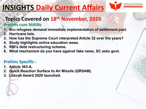 Insights Daily Current Affairs Pib Summary 18 November 2020