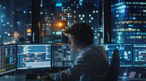 Premium Photo Male It Programmer Working On Green Mockup Computer