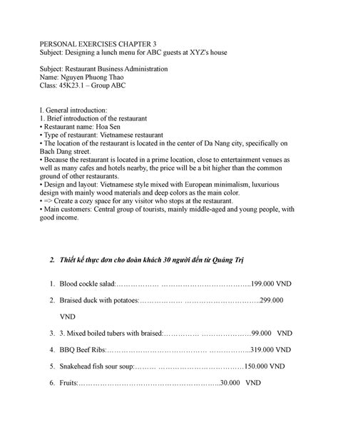 Restaurant Assignment 2 Personal Exercises Chapter 3 Subject Designing A Lunch Menu For Abc