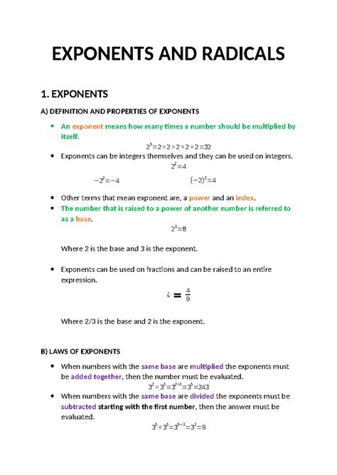 Exponents And Radicals Exponents And Radicals 1 Exponents A