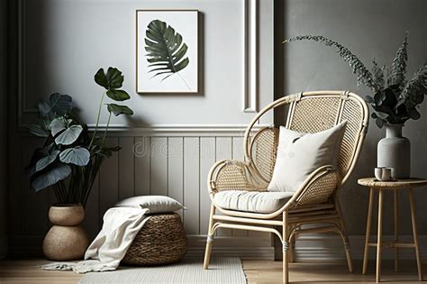 Interior Of Living Room With Rattan Chair Generative Ai Stock