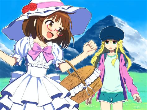 2girls Akizuki Ritsuko Blonde Hair Blush Braids Brown Hair Flowers