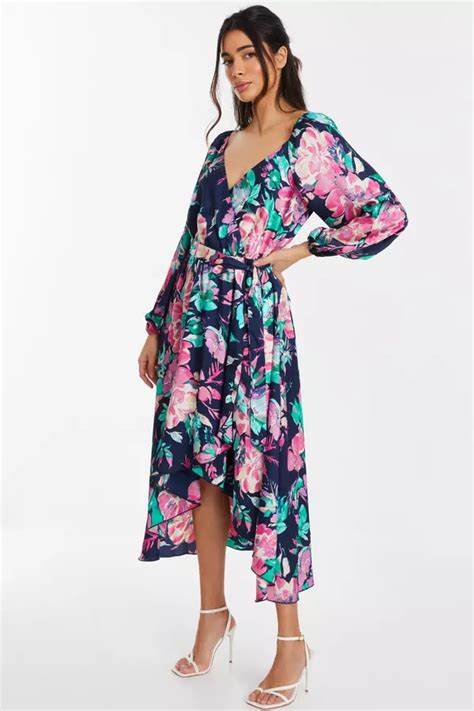 Navy Satin Floral Wrap Dip Hem Midi Dress Quiz Clothing