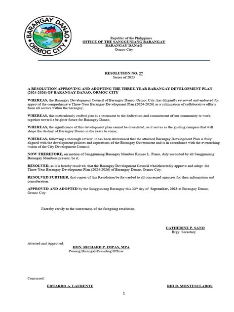 Resolution Approving The Bdp Of Barangay Danao Pdf