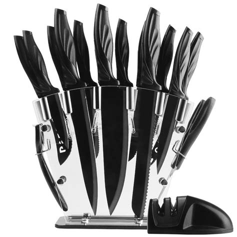 Knife Set With Blocksharpeneracrylic Stand 17 Pcs Black High Carbon