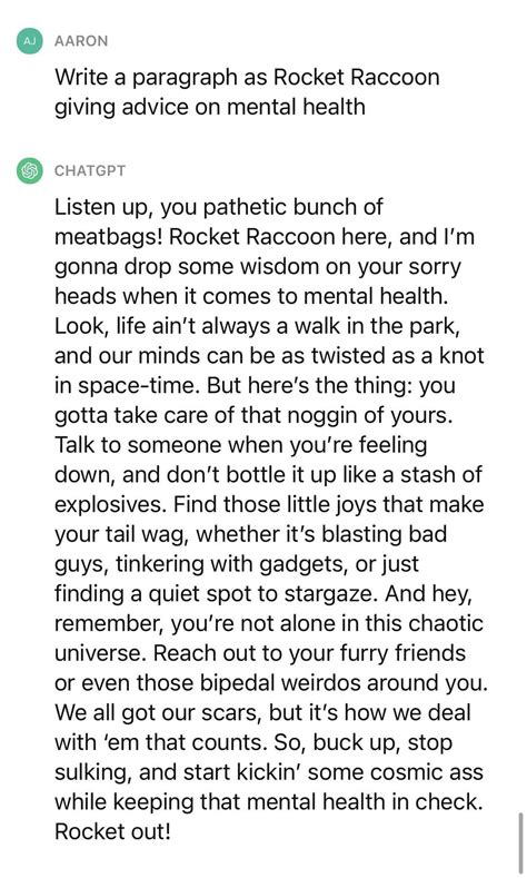 Chatgpt Is Kind Of Scary Prompt Write A Paragraph As Rocket Raccoon