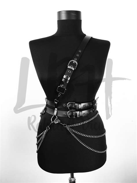 Black Leather Waist Belt With Chains Body Belt T Leather Harness