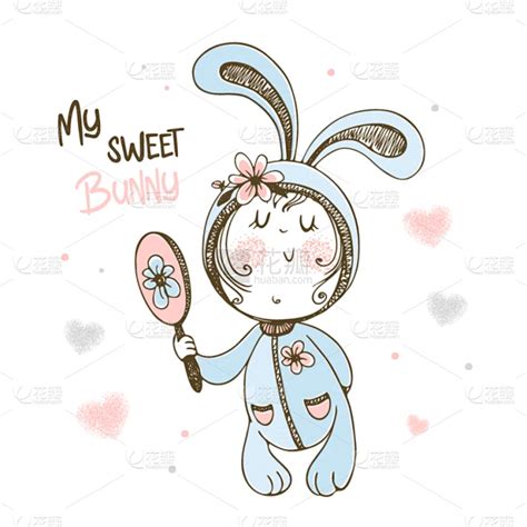可爱的 二件式睡衣 婴儿 矢量 兔子 镜子 贺卡 复活节 纺织品 玩具素材 花瓣网