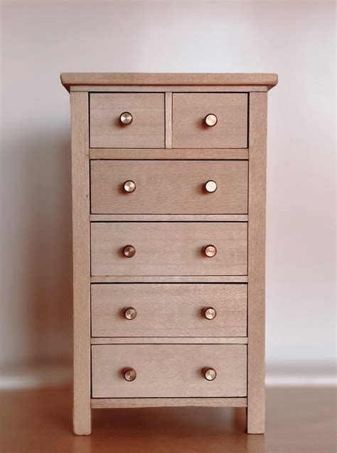 Dollhouse 6 Drawer Tall Dresser Natural Wood Gold Knobs 112 Scale