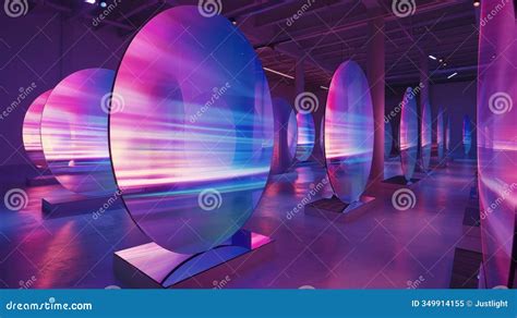 Big Data Visualization Showing Futuristic Purple And Blue Screens In A Gallery Stock Image