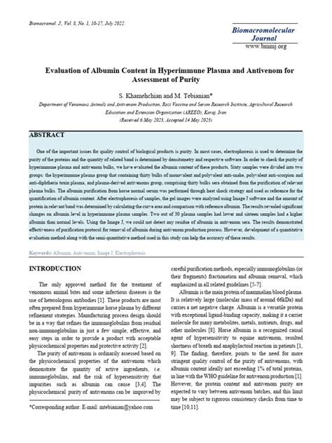 Evaluation Of Albumin Content In Hyperimmune Plasma And Antivenom For
