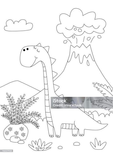 재미있는 만화 공룡 디플로도쿠스 색칠하기 책에 대 한 흑백 벡터 그림 고생물학에 대한 스톡 벡터 아트 및 기타 이미지
