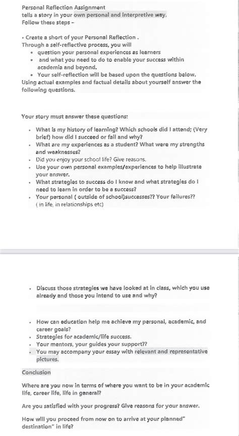 [solved] Personal Reflection Assignment Tells A Story In Your Own