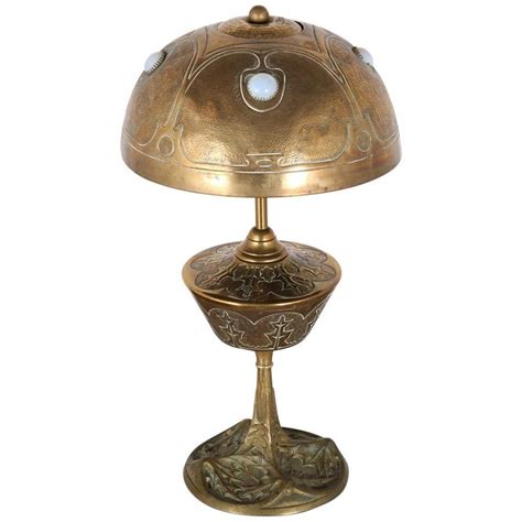 French Art Nouveau Brass And Glass Table Lamp Signed Jules Leleu At 1stdibs