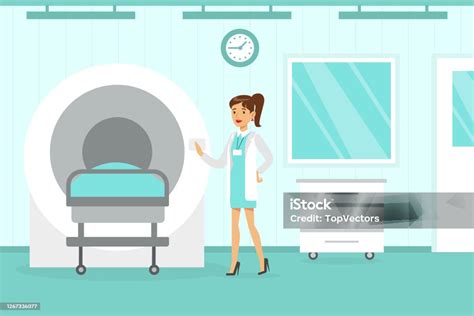 자기 공명 치료 의료 클리닉 만화 벡터 일러스트에서 다음 Mri 스캐너 진단 기계서 흰색 코트의사 Mri 스캔에 대한 스톡 벡터