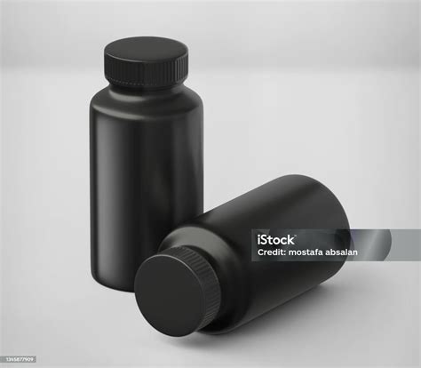검은 매트 플라스틱 병 모형 약 정제 알 약 현실적인 포장 상자 템플릿 3d 렌더링 빛 배경에 격리 검은색에 대한 스톡 사진 및