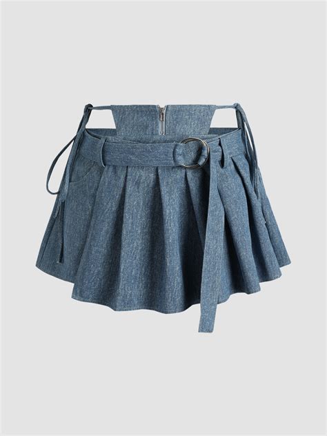 Cut Out Denim Pleated Skirt