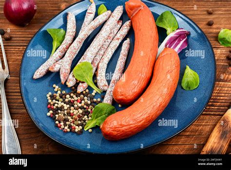 Dry Smoked Kabanos Cabanossi Traditional Polish Meat Sausages Stock