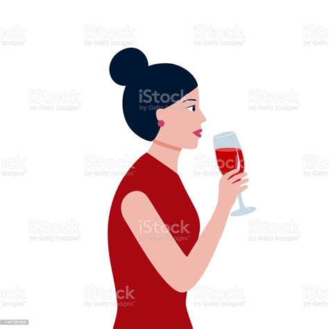 Woman Drinking Wine In Flat Design On White Background Stock