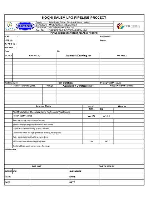 Piping Hydrotest Release Record Pdf