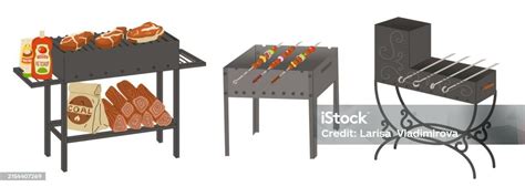 불로 요리할 수 있는 세 가지 종류의 그릴 그릴 창살과 꼬치에 튀길 바베큐 여름 바베큐 파티를 위한 요소 벡터 일러스트 레이