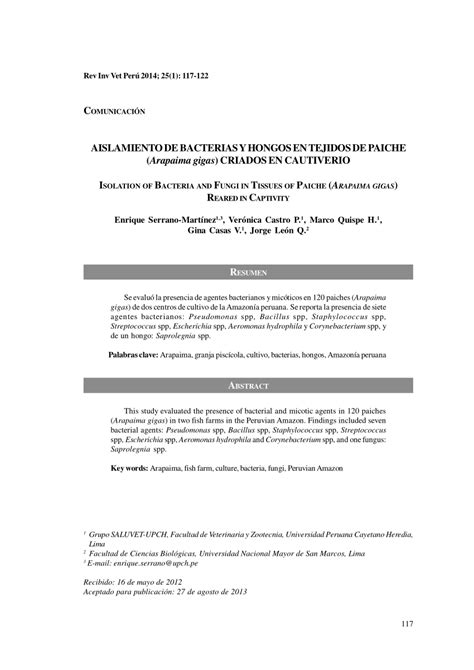 Pdf Isolation Of Bacteria And Fungi In Tissues Of Paiche Arapaima