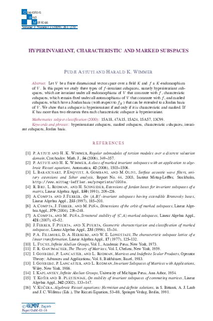 Pdf Hyperinvariant Characteristic And Marked Subspaces