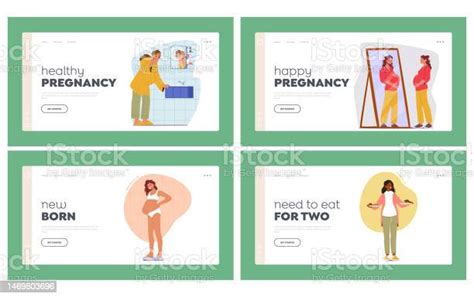 다른 상황의 임산부 방문 페이지 템플릿 세트입니다 다양한 임신 단계의 여성 캐릭터 개체 그룹에 대한 스톡 벡터 아트 및 기타