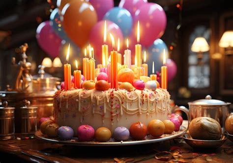 Premium AI Image Birthday Party Balloons Colourful Balloons Background And Birthday Cake With