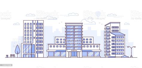병원현대 얇은 선 디자인 스타일 벡터 일러스트 레이 션과 도시 풍경 건물 외관에 대한 스톡 벡터 아트 및 기타 이미지 건물