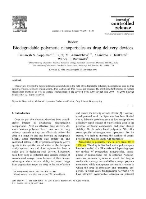 Biodegradable Polymeric Nanoparticles As Drug Delivery Devices