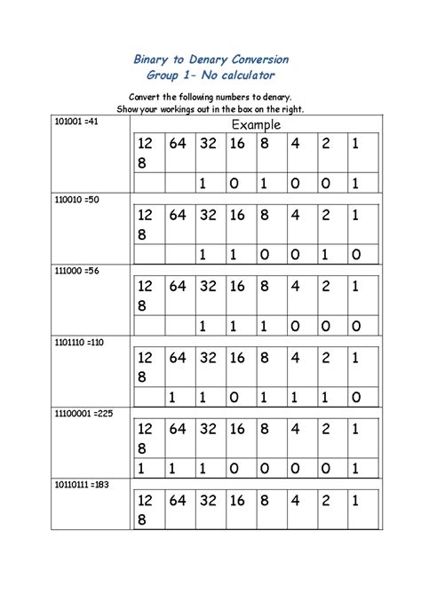 Binary To Denary Conversion Completed Wrok Binary To Denary