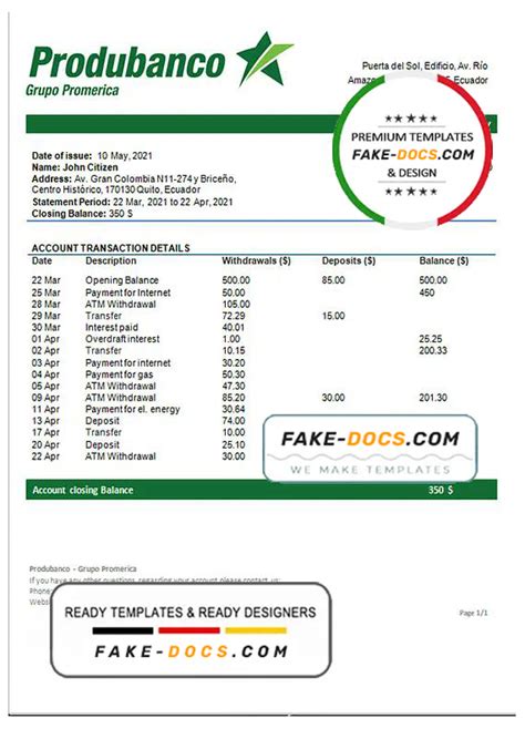 Ecuador Produbanco Proof Of Address Bank Statement Template In Word And