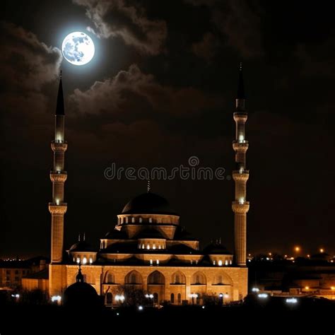 Mosque In Night Arabian Nights Ramadan Eid Crescent Moon Stock