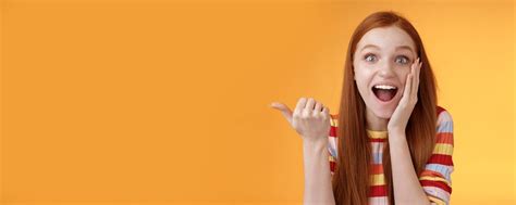 Free Photo Cheerful Excited Impressed Talkative Girl Pointing