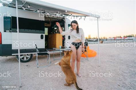 일몰에 바다 근처에 주차 캠핑 밴 근처 개와 함께 연주 하는 여자 캠핑카에 대한 스톡 사진 및 기타 이미지 캠핑카 개