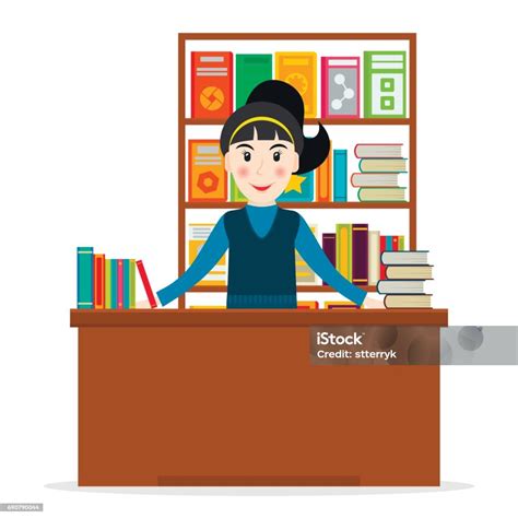 평평한 스타일의 책과 선반에 대한 카운터에서 여성 서점 도서관에서 사서 서점에서 책을 판매하는 미소 짓는 여성의 벡터 일러스트레이션 사서에 대한 스톡 벡터 아트 및 기타
