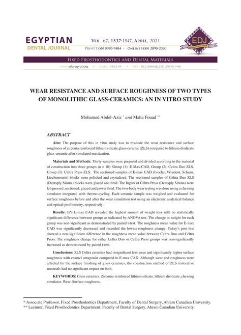 Pdf Wear Resistance And Surface Roughness Of Two Types Of Monolithic Glass Ceramics An In