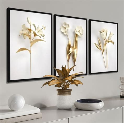 Kit 3 Quadros Decorativos Flores Douradas Moderno Molduras Elo7