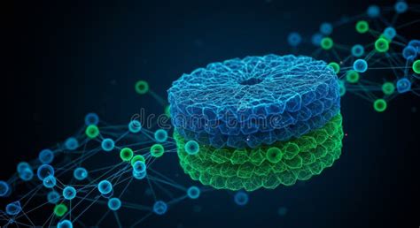 Abstract 3d Model Of A Molecular Structure With Glowing Blue And Green Particles Stock