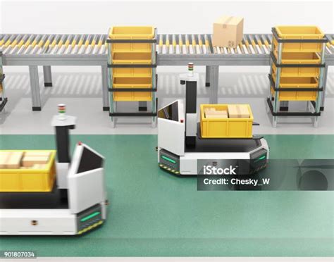 컨베이어 옆에 지게차 운반 컨테이너 박스와 Agv를 운전 자체 프랑스 알스톰 열차에 대한 스톡 사진 및 기타 이미지 프랑스 알스톰 열차 3차원 형태 개념 Istock
