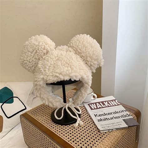 Faux Fur Large Bear Ears Tassel Beanie Hat Beige Bear Ears Winter
