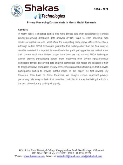 Privacy Preserving Data Analysis In Mental Health Research Pdf