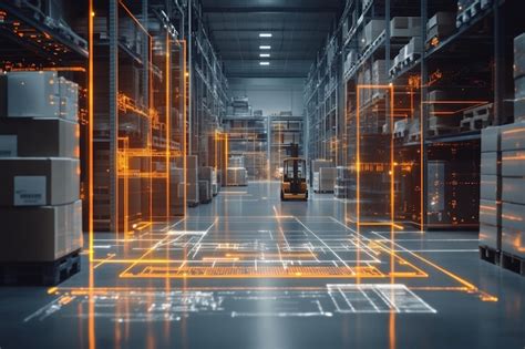 Illuminated 3d Warehouse With Holographic Data Visualization And Forklifts In A Dark Gray