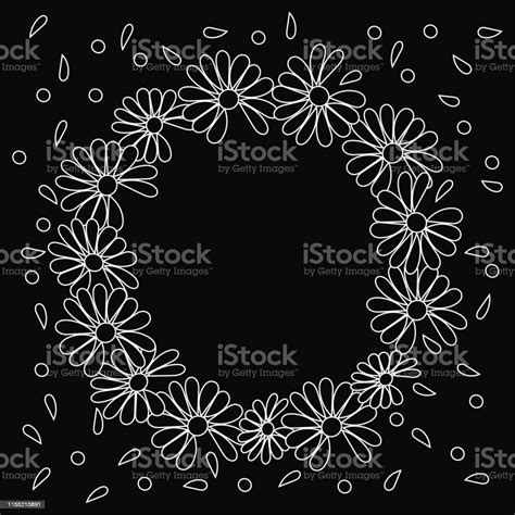 로맨틱 한 디자인 장식을 위한 라운드 프레임 개요 스타일의 데이지 꽃과 꽃잎의 화 환 벡터는 유행 색상 검은 색 배경에서 그립니다 검은색에 대한 스톡 벡터 아트 및 기타