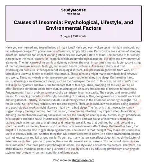 Causes Of Insomnia Psychological Lifestyle And Environmental Factors Free Essay Example